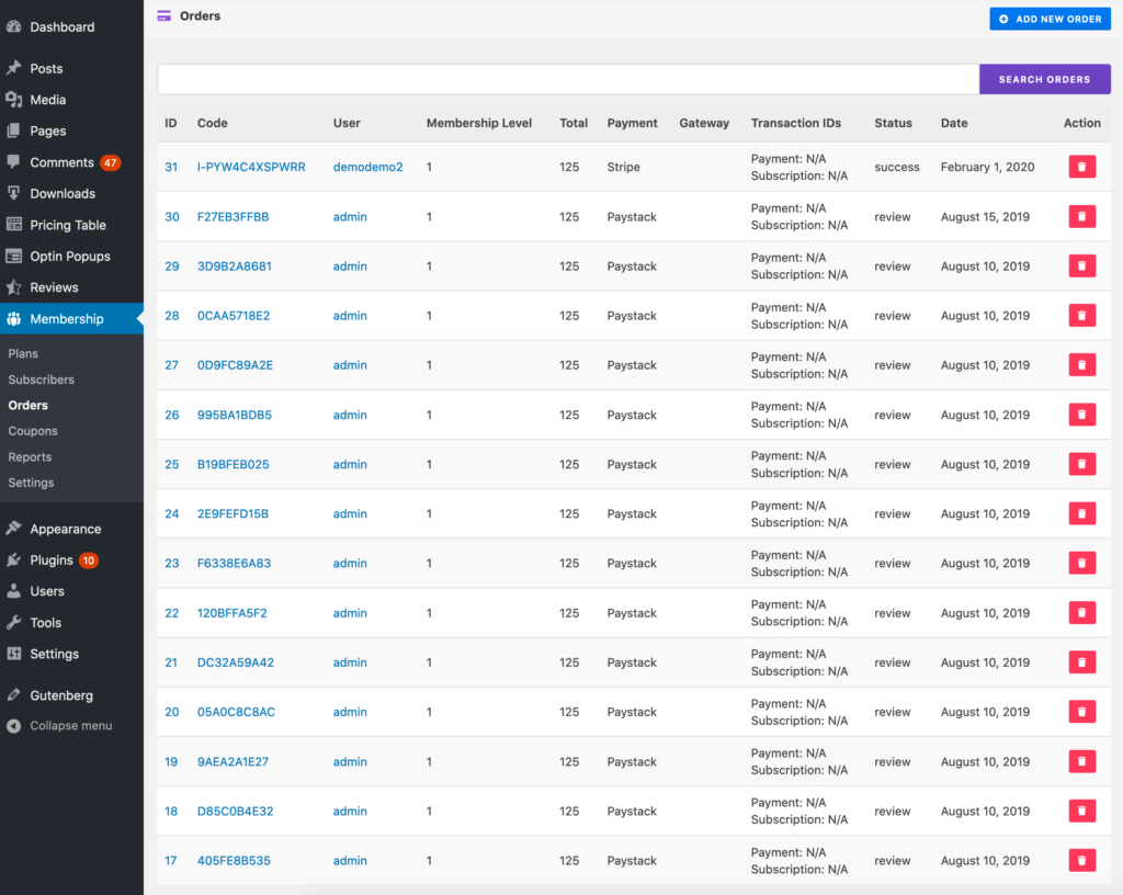 Orders WordPress Download Manager